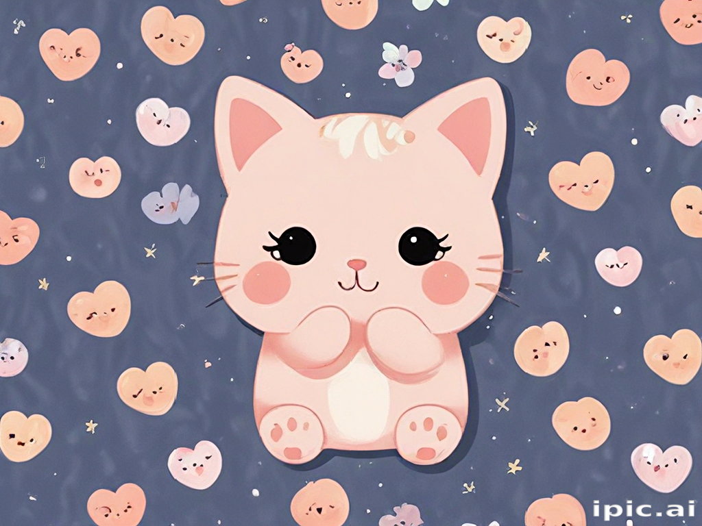 Adorable Pink Cat Surrounded by Heart-Shaped Flowers and Stars