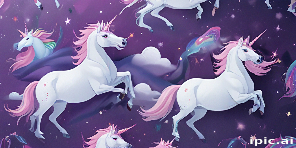 Magical Unicorns Floating Through a Starry Purple Sky with Clouds