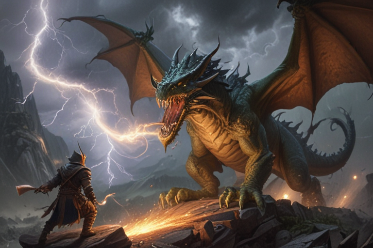 A wizard fighting a orc riding a dragon using lightning bolts raining ...