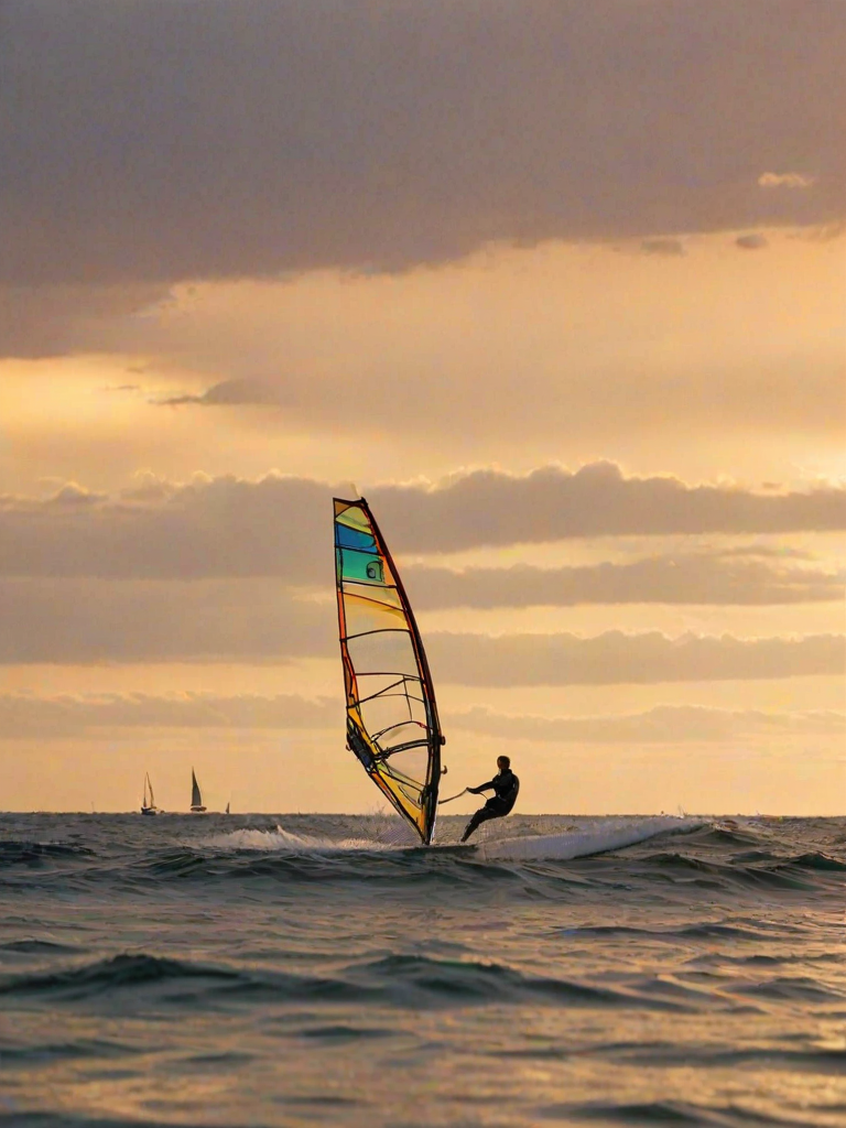 Windsurfer gracefully gliding across the ocean at sunset, embracing ...
