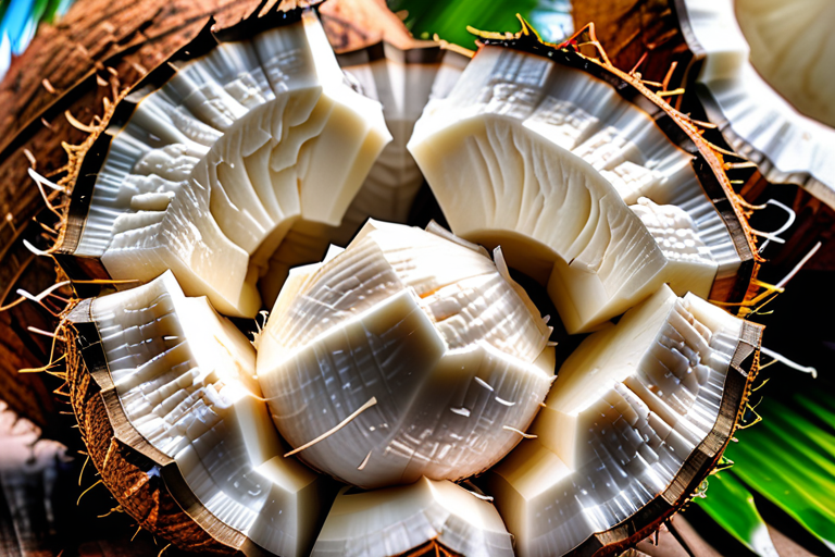 Intricate Patterns Inside a Freshly Cut Coconut Revealing Its Creamy Flesh