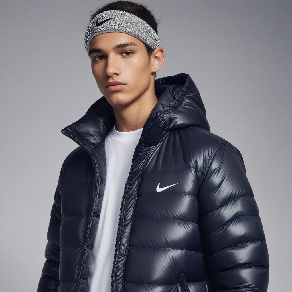 Male supermodel nike shiny puffer jacket bling jewellery hood headband