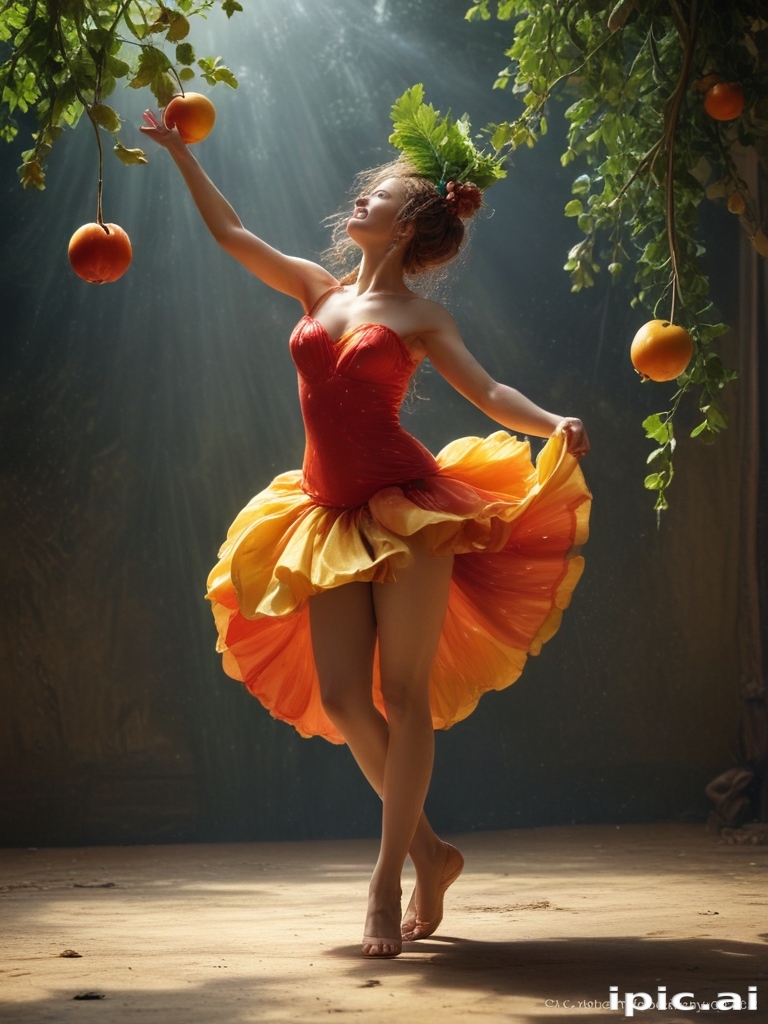 Enchanting Dancer in Fruit-Inspired Costume Surrounded by Glowing ...