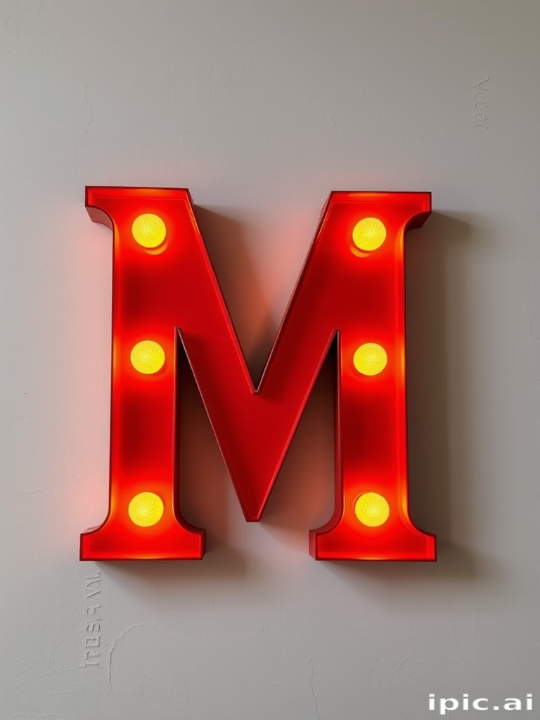 Bright Red Marquee Letter M Illuminated with Yellow Bulbs on Wall.
