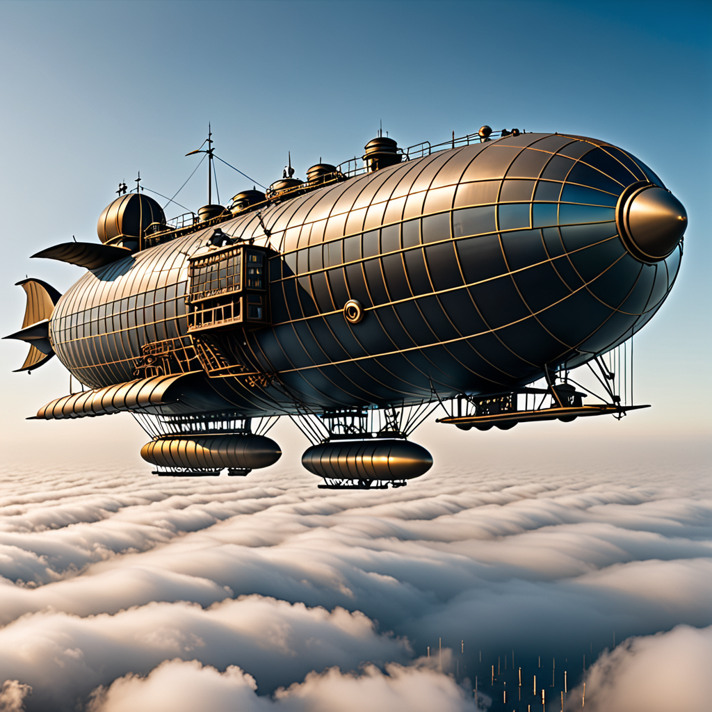 Steampunk airship on a sea of fog and mist, no ground visible, zeppelin ...