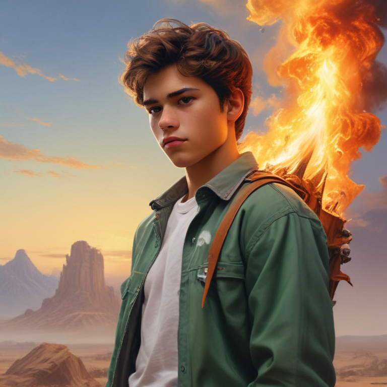 Young Adventurer with Fiery Backpack Stands Against a Dramatic Landscape