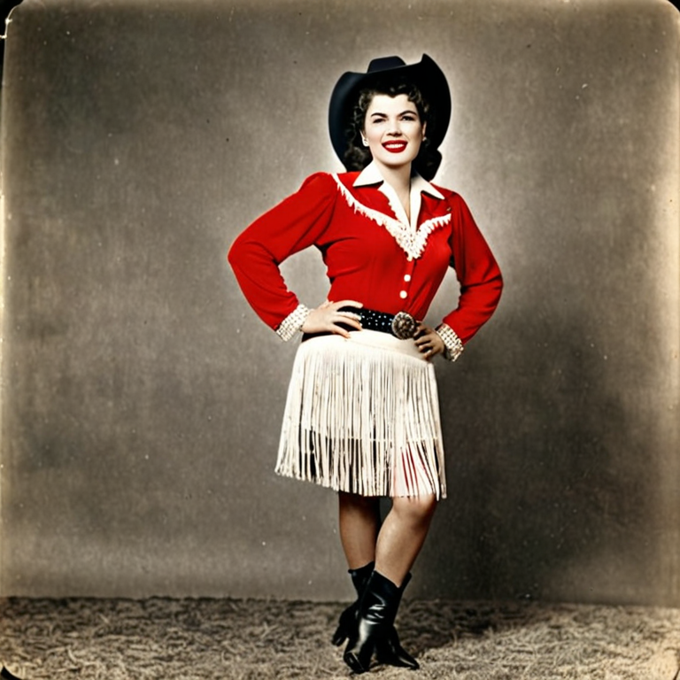 Patsy Cline in red cowgirl outfit with white fringe full body in color