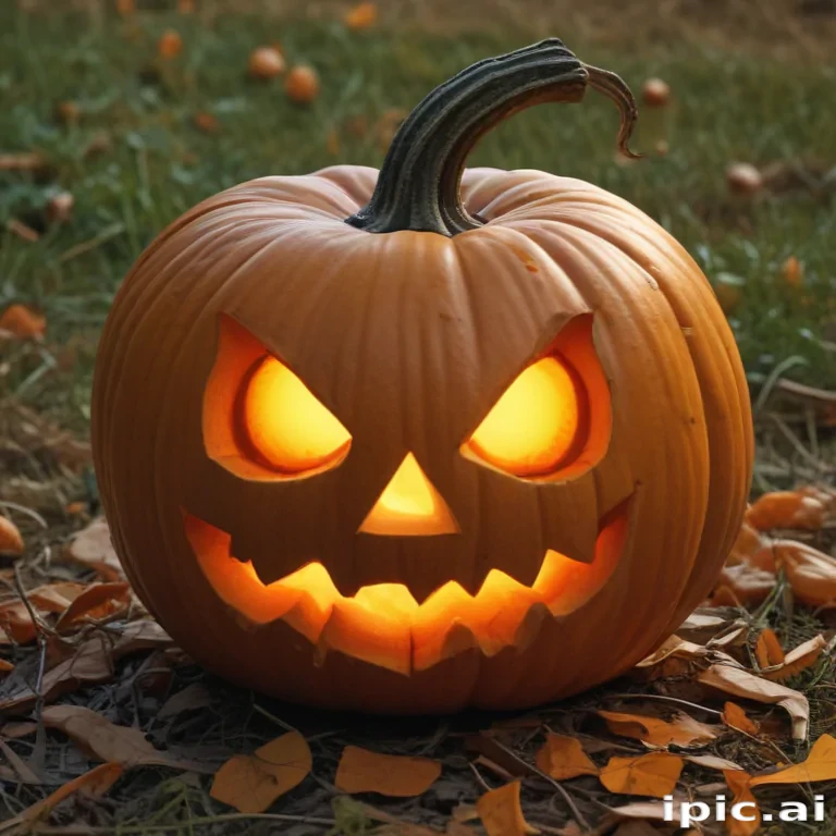 Spooky Halloween Pumpkin with Glowing Eyes and Grinning Face in Autumn ...