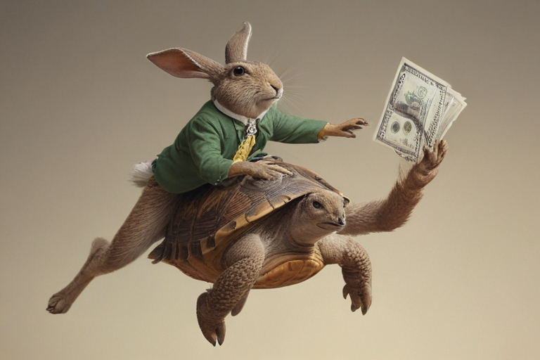 jackrabbit grabbing flying cash while riding a running tortoise