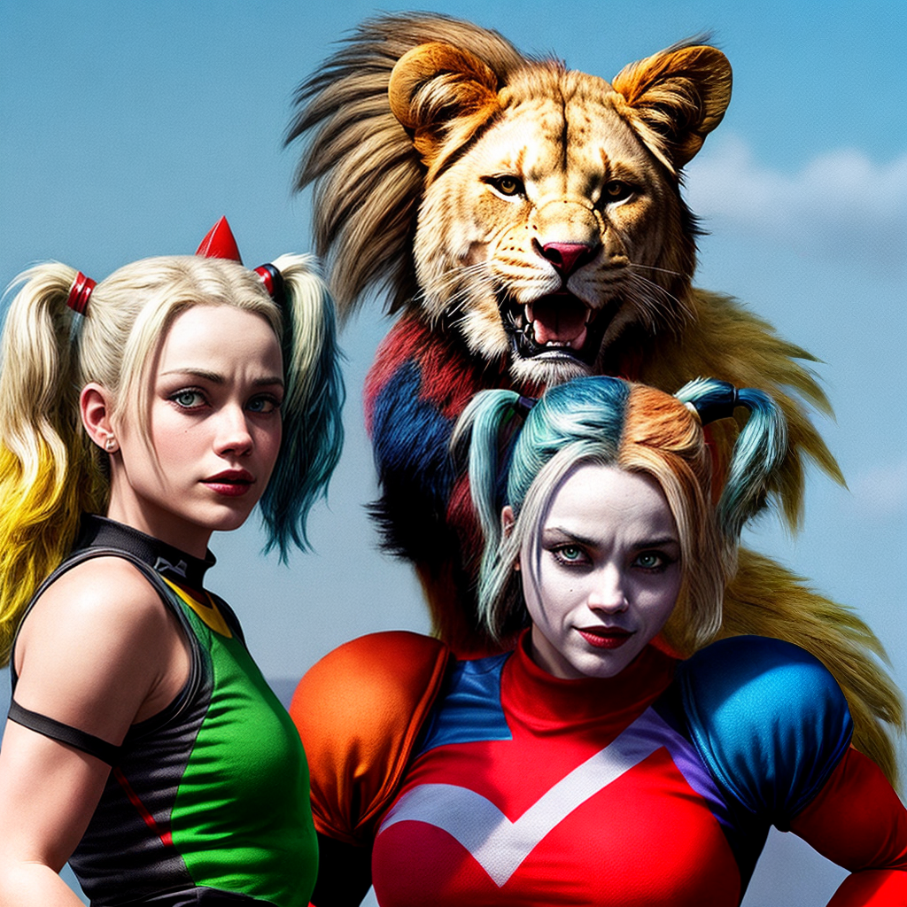 harley quinn standing with a lion