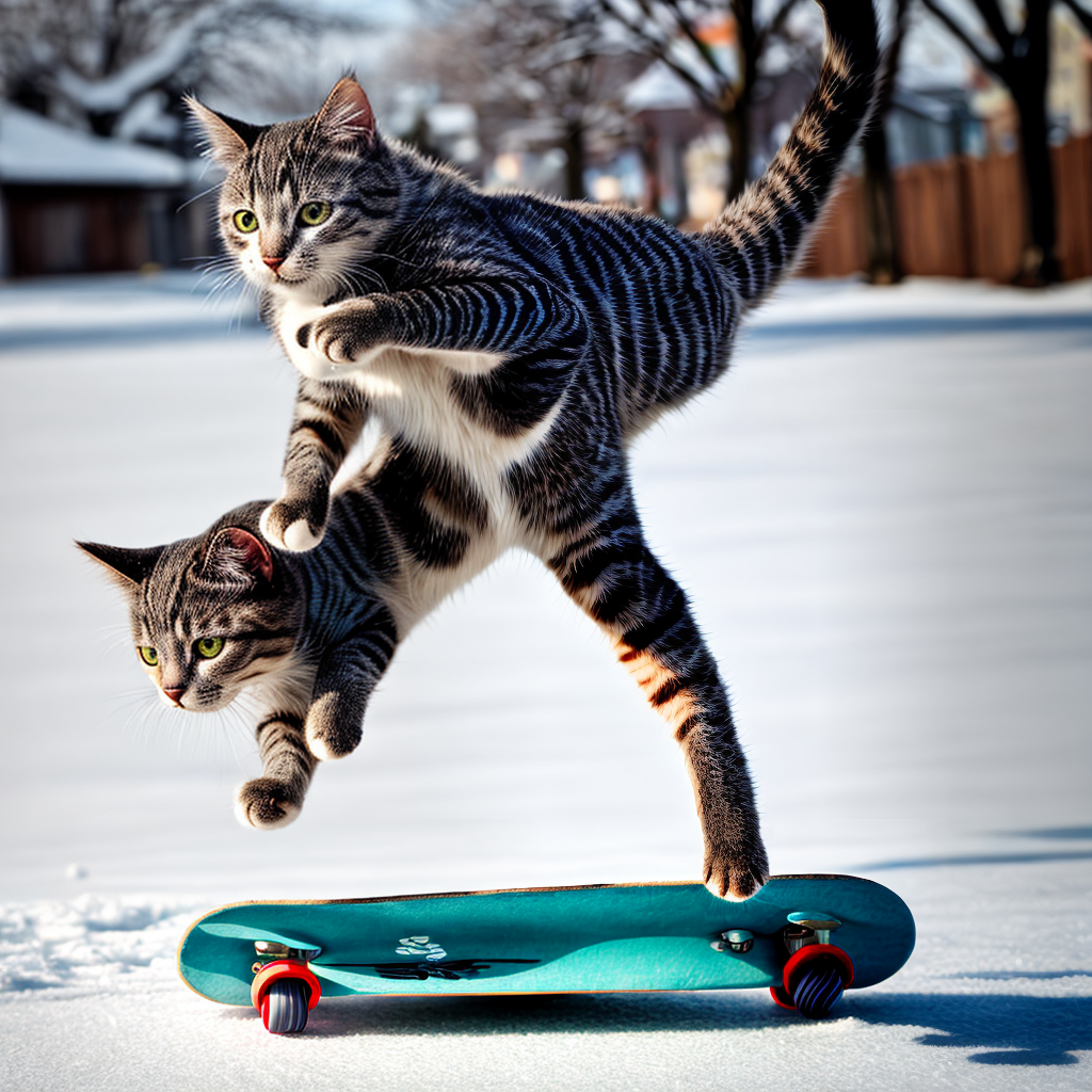 Cute cat skateboarding on in snowy background
