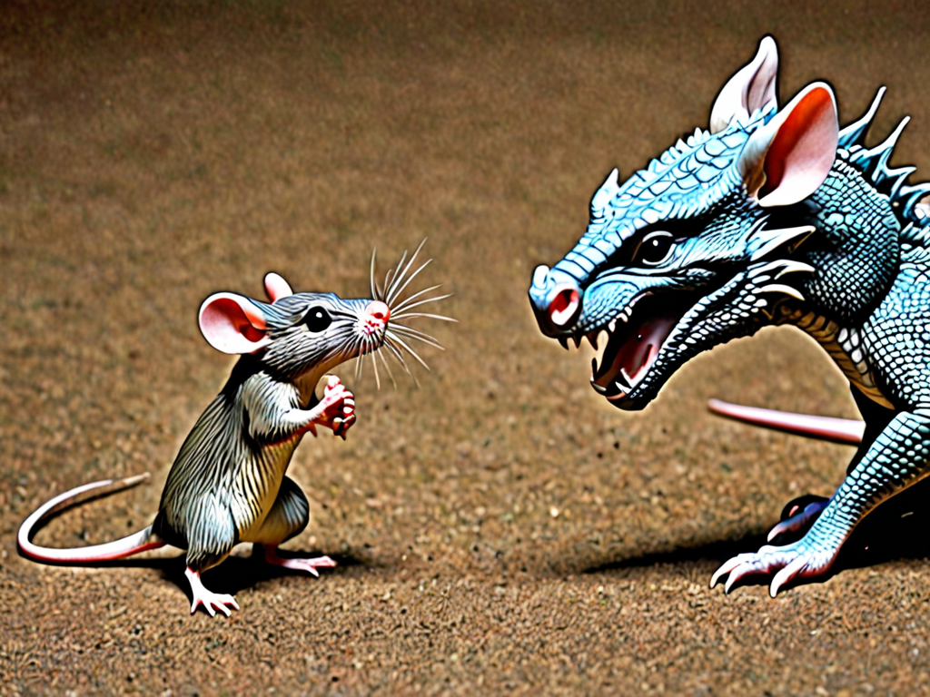 A mouse fighting a dragon. face off