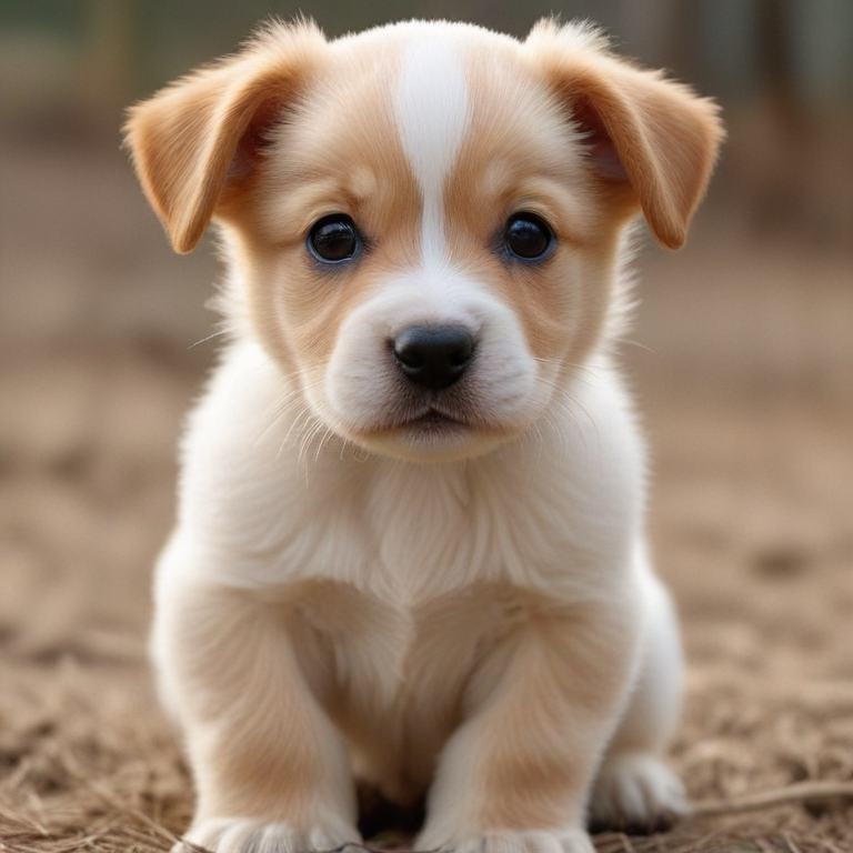 Adorable Puppy with Fluffy Fur and Big Eyes Sitting in Nature.