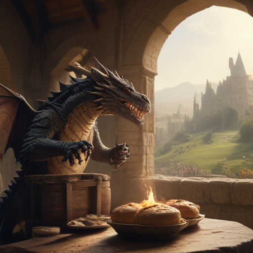 Scones fighting with swords in a medieval setting. A dragon in the ...