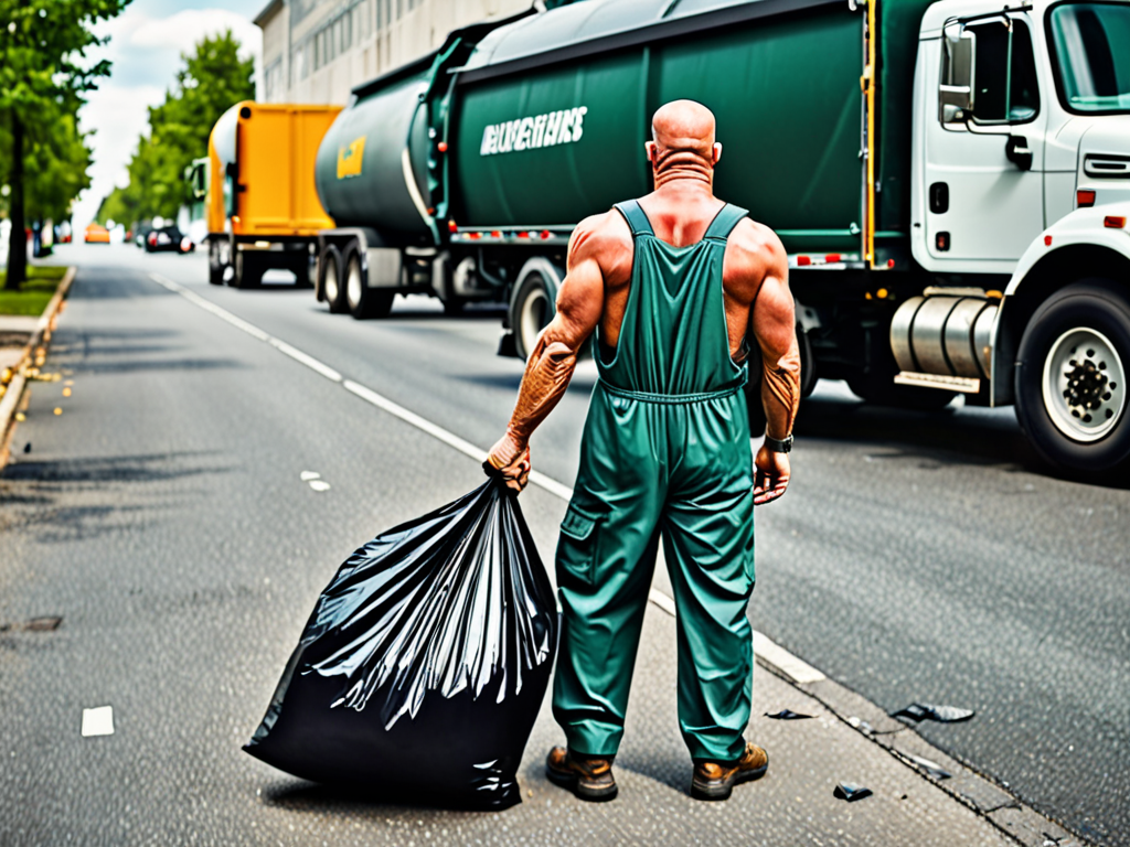 realistic handsome bald older muscular garbagemen from behind carrying ...