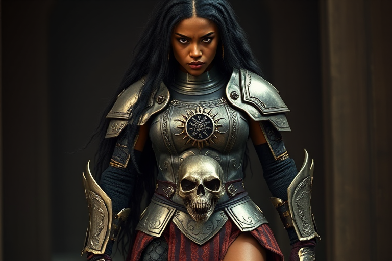 Fierce Warrior in Elaborate Armor with Skull Detail Ready for Battle