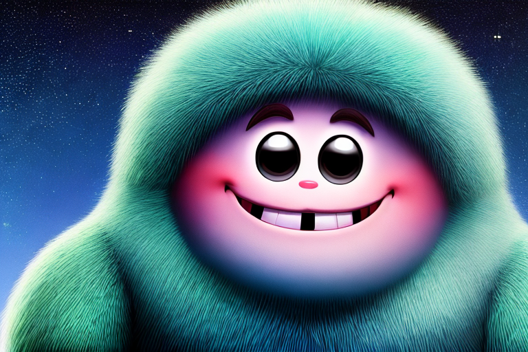 fluffy cute fat baby monster with teeth at night