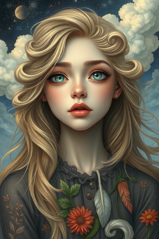 Enchanting Portrait of a Dreamy Girl Amidst Celestial Clouds and Stars