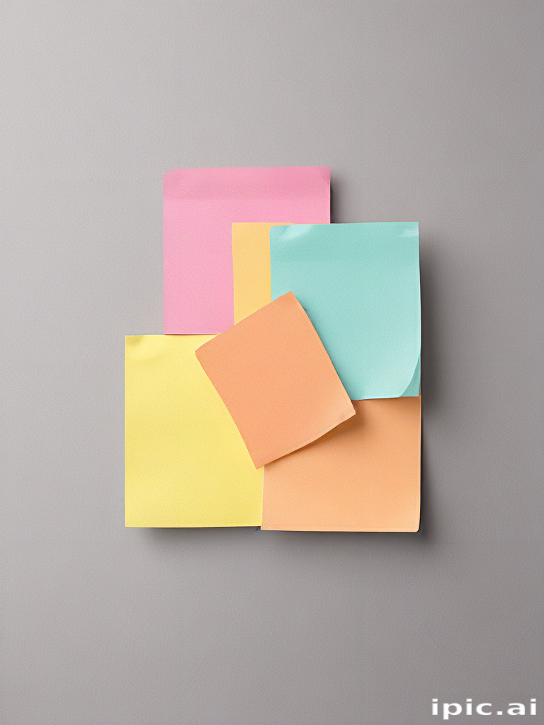 Colorful assortment of sticky notes arranged creatively on a gray ...
