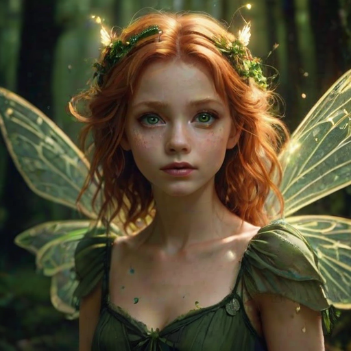 A Whimsical Forest Fairy with Enchanting Green Wings and Sparkling Eyes