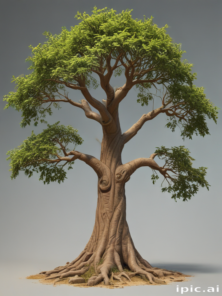 A Majestic Tree with Lush Green Leaves and Intricate Twisting Roots.
