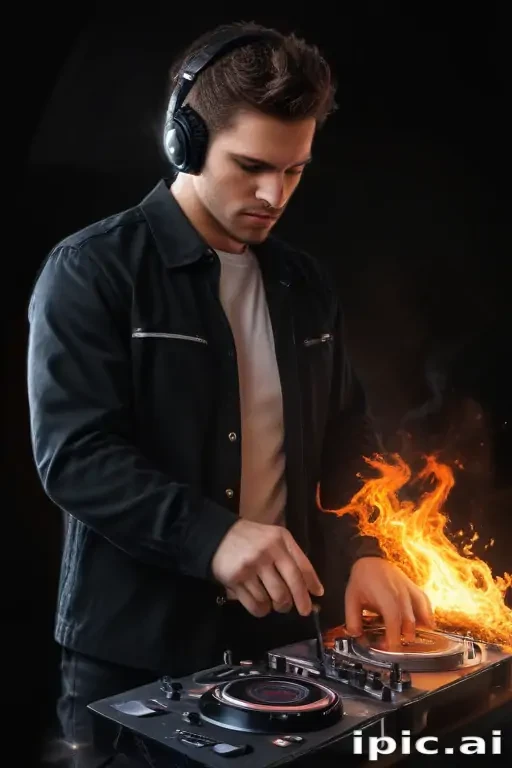 Dynamic DJ Mixing Beats with Fiery Energy and Intense Focus in Studio