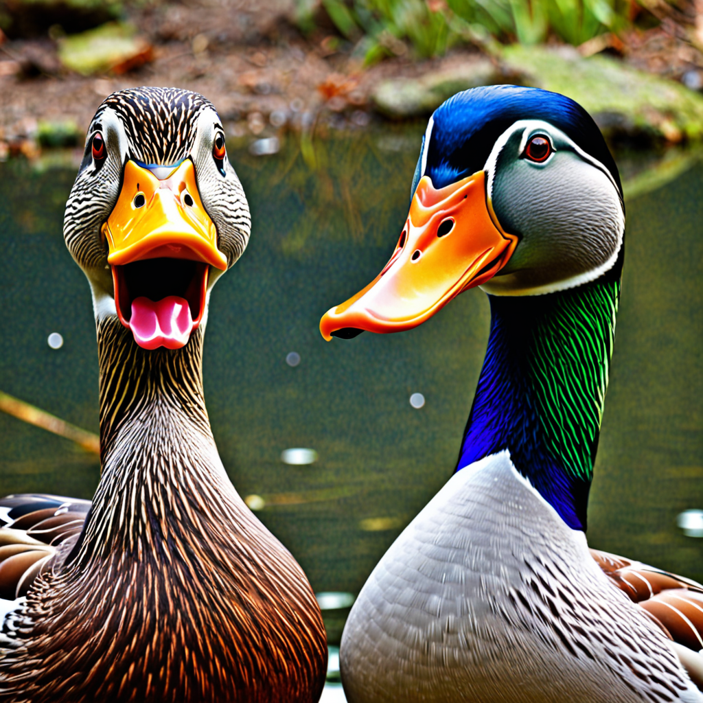 2 heads duck with open beak showing tongue, concept art