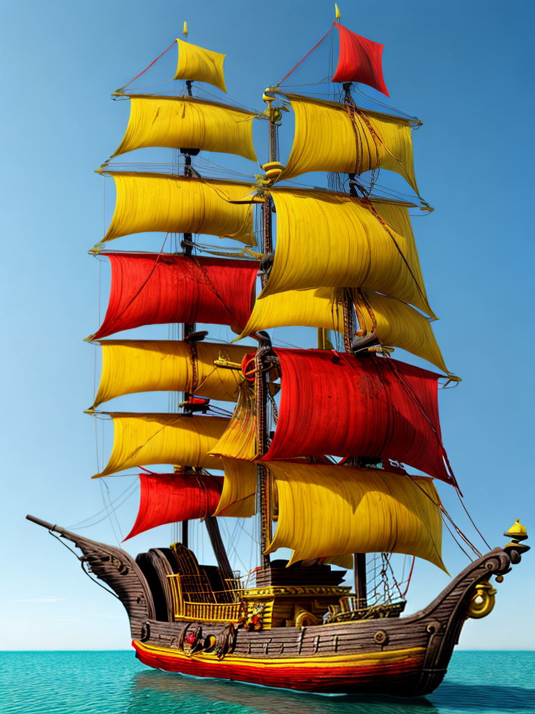 create a red and yellow pirate ship with realistic features and aged ...
