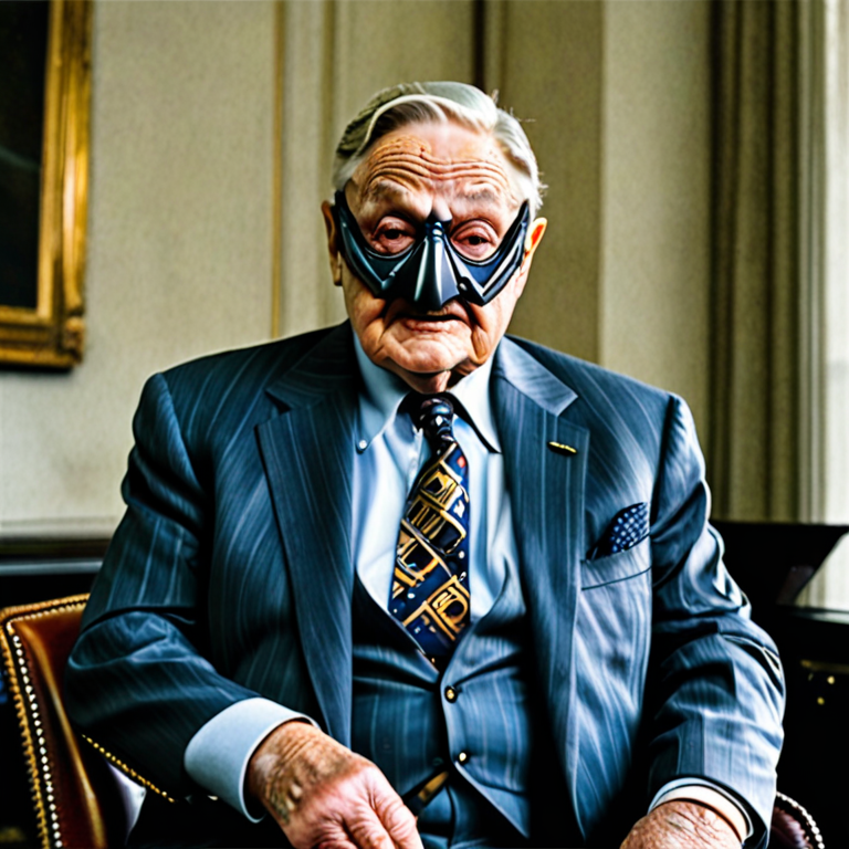 George Soros as senior citizen as Bane from Batman with uniform