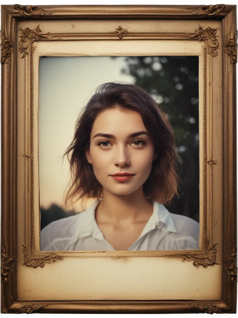 Elegant Portrait of a Young Woman in a Vintage Frame Outdoors