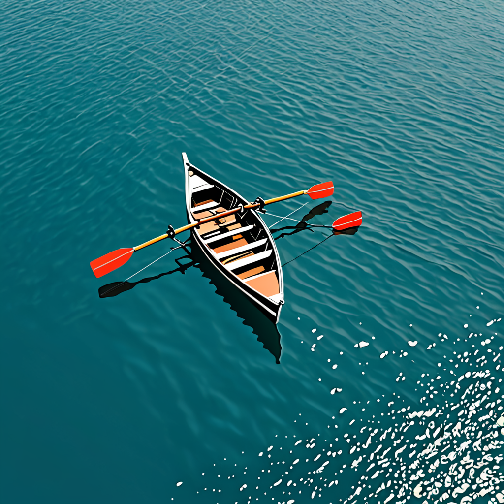 rowing boat at sea without people. Flat colors.