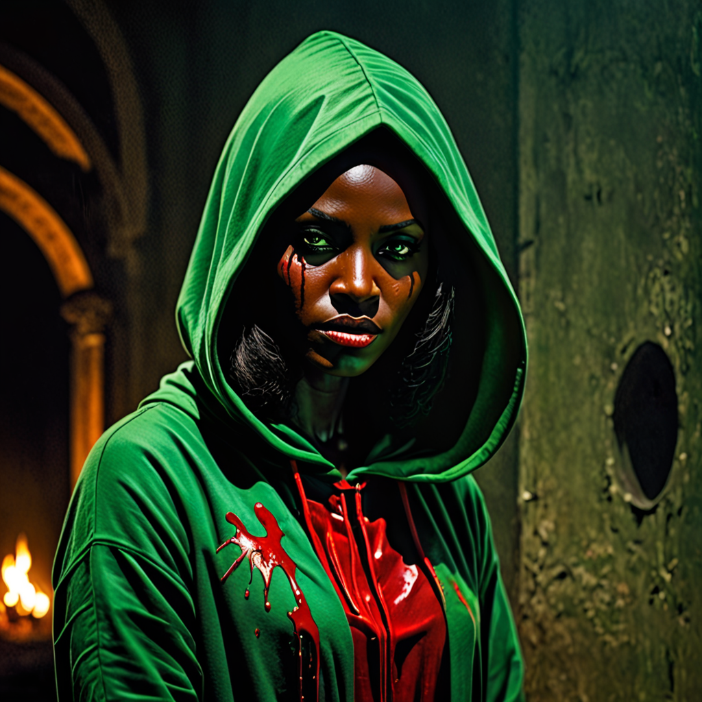 A lone dark-skinned woman with a green rogue hood outfit coming out ...