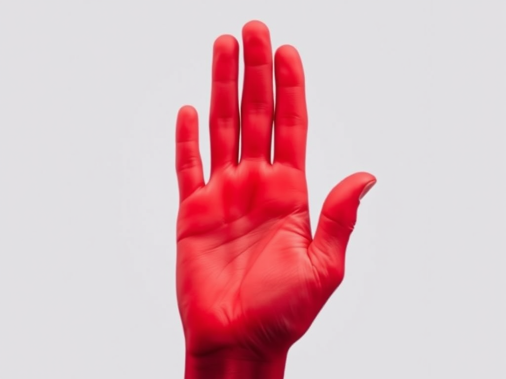 Bold Red Hand Reaching Out Against a Minimalist Light Background
