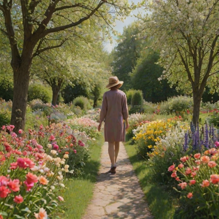 A Serene Walk Through a Colorful Flower Garden on a Sunny Day
