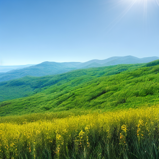 photo of an ecosystem, many plants, sun in the sky, solar rays ...
