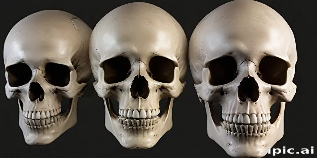 Three Realistic Human Skulls Displaying Different Facial Expressions ...