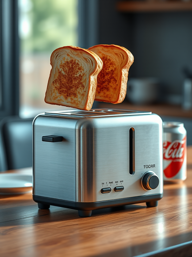 Perfectly Toasted Bread Slices Rising from a Sleek Silver Toaster