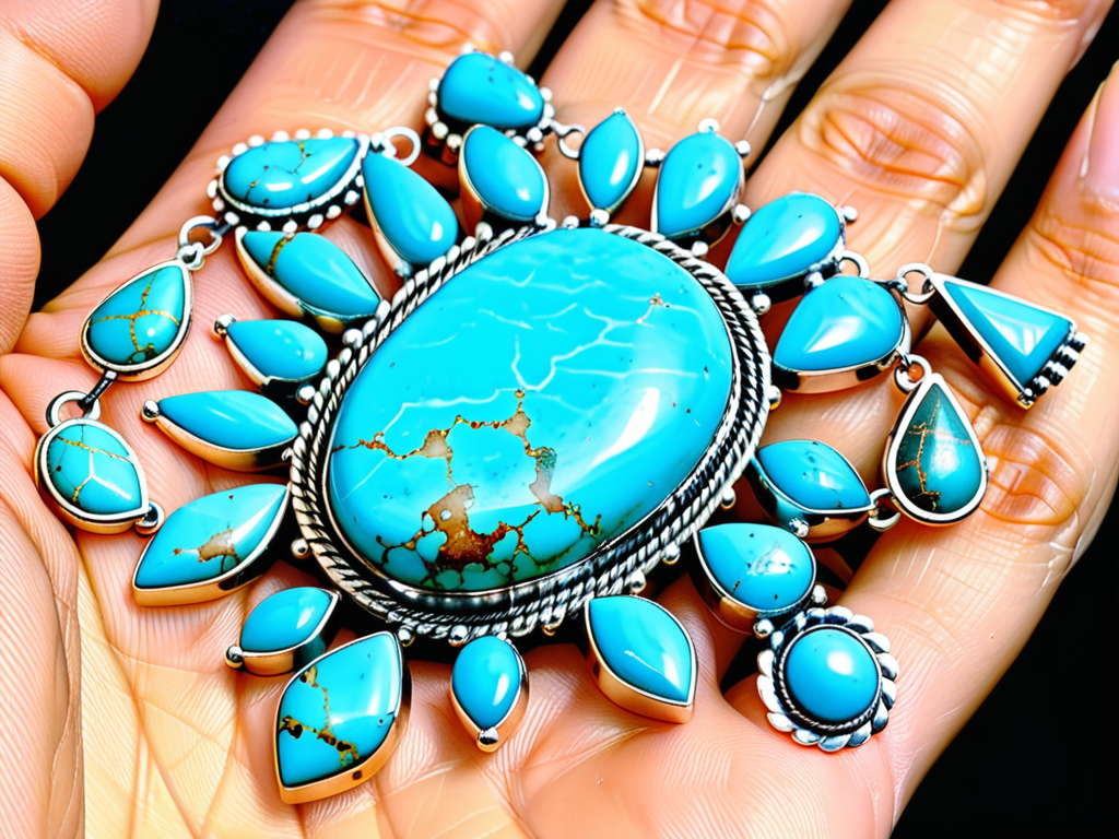 Intricately Designed Turquoise Brooch Adorned with Gold and Gemstone ...
