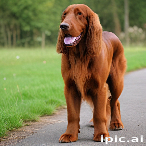 A Majestic Red Dog Standing Proudly on a Pathway Surrounded by Nature.