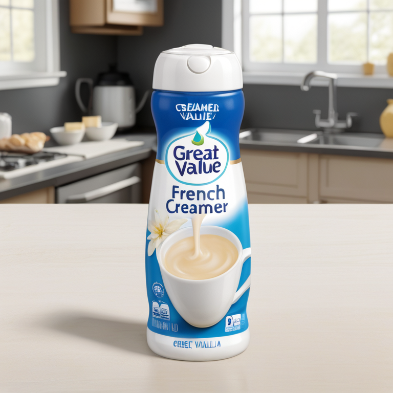 Great Value French Vanilla Creamer Bottle in a Bright Kitchen Setting