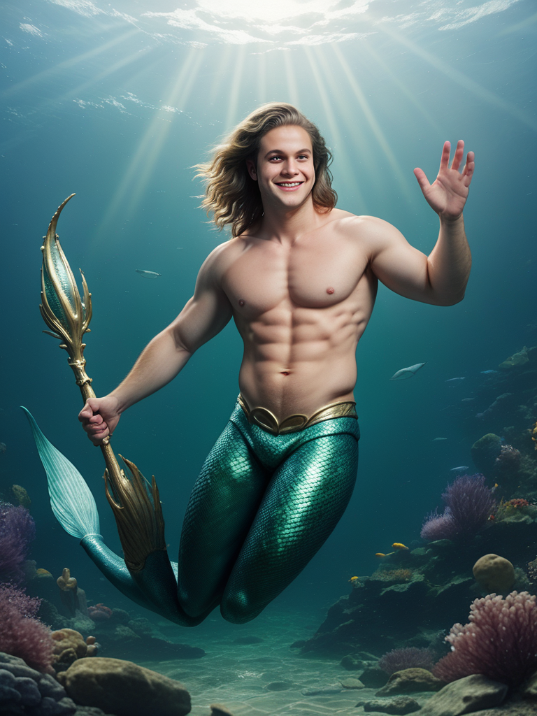 Charming Merman Waves Joyfully Beneath Sunlit Ocean Waters Surrounded ...