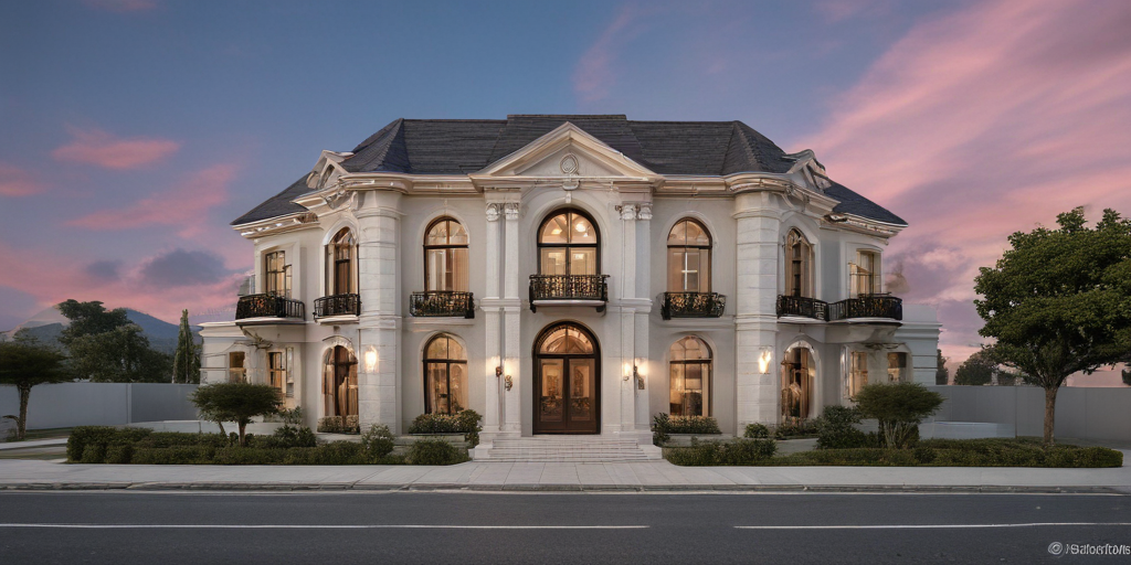 Elegant Two-Story Mansion Surrounded by Lush Landscaping and Evening Sky.