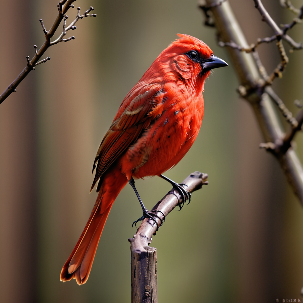 A Vibrant Scarlet Bird Perched Gracefully on a Branch in Nature.