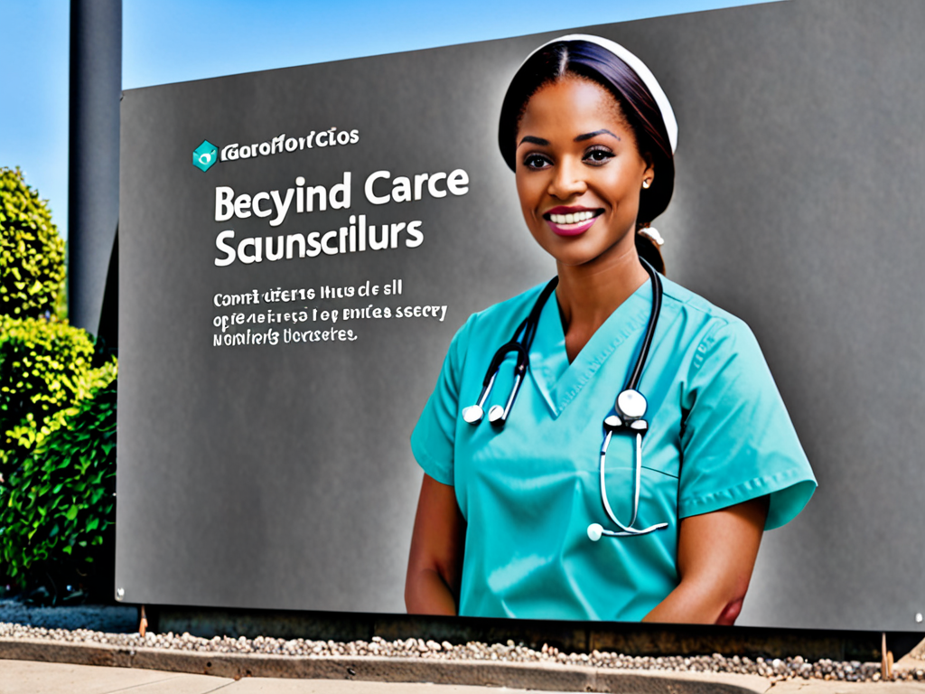 A PICTURE OF A NURSE ON A BILLBOARD THAT SAYS BEYOND CARE SCRUBS