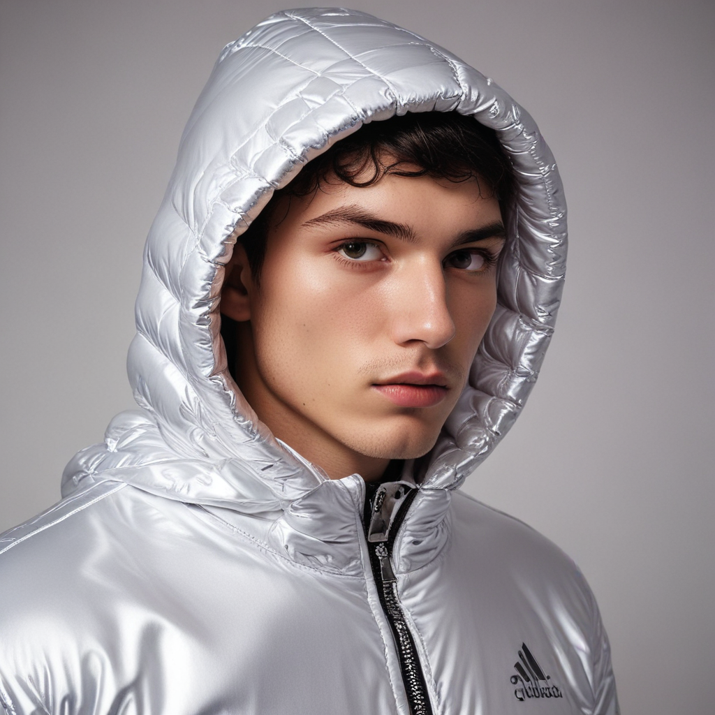 Male supermodel adidas shiny puffer jacket bling jewellery hood