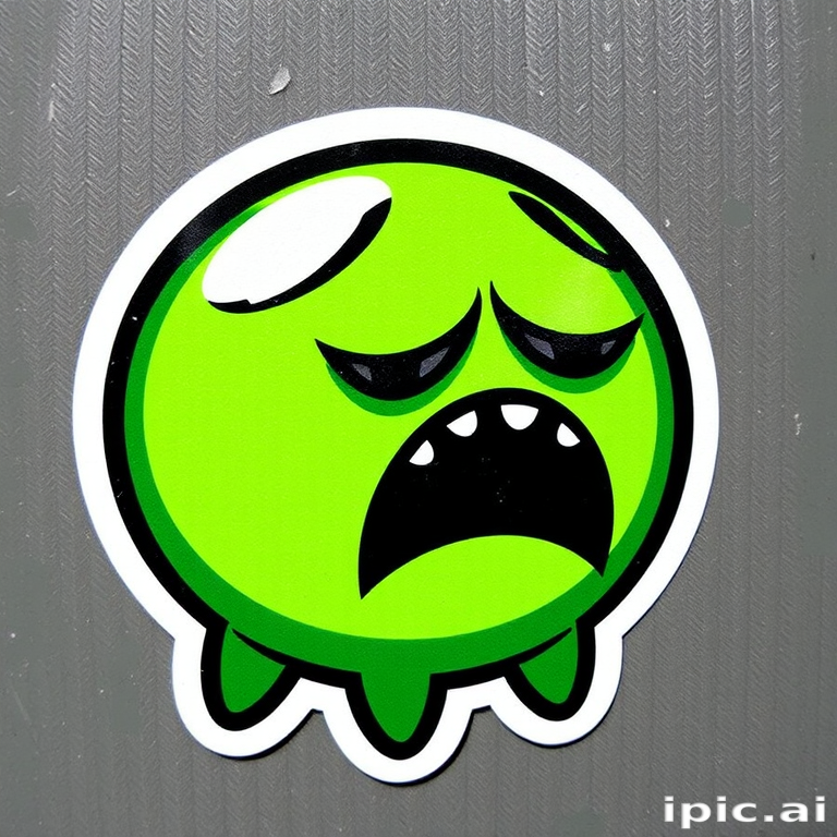 Sad Green Cartoon Character with Big Eyes and Frown Expression