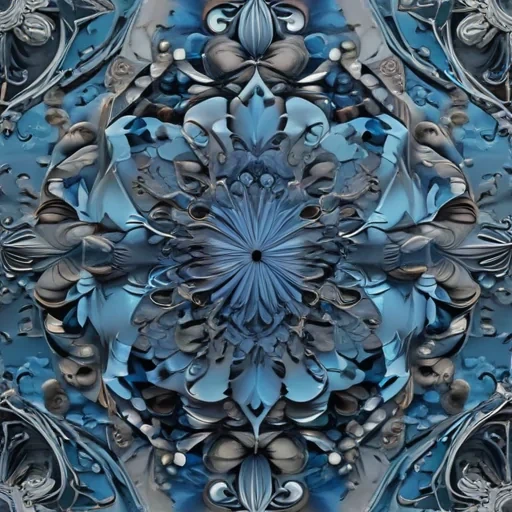 Intricate Floral Symmetry in Shades of Blue and Silver Patterns