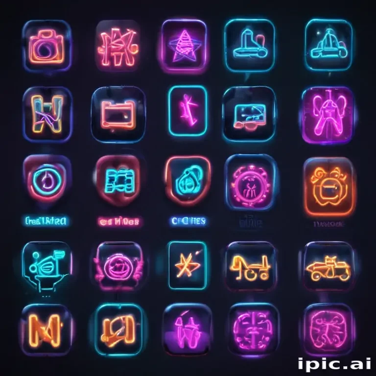 Colorful Neon Icons Representing Various Creative Tools and Activities