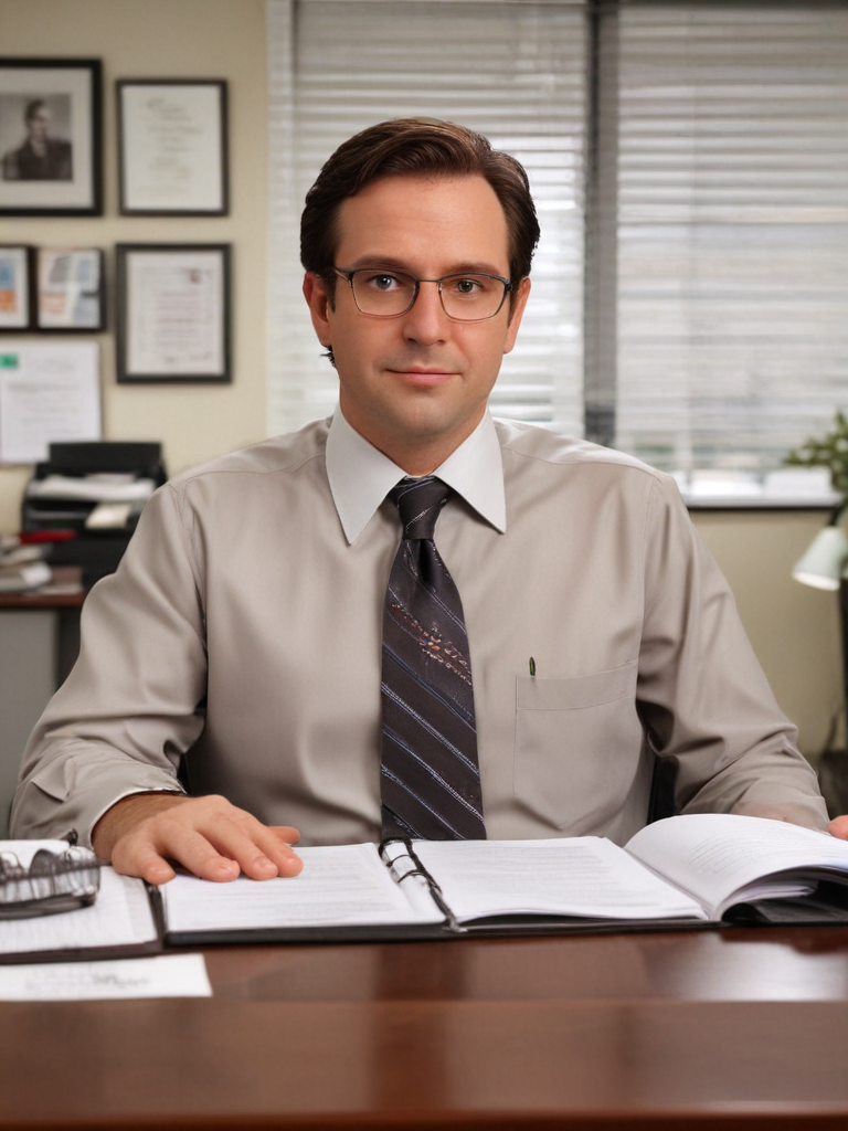 Professional Male Office Worker Sitting at Desk with Open Binder