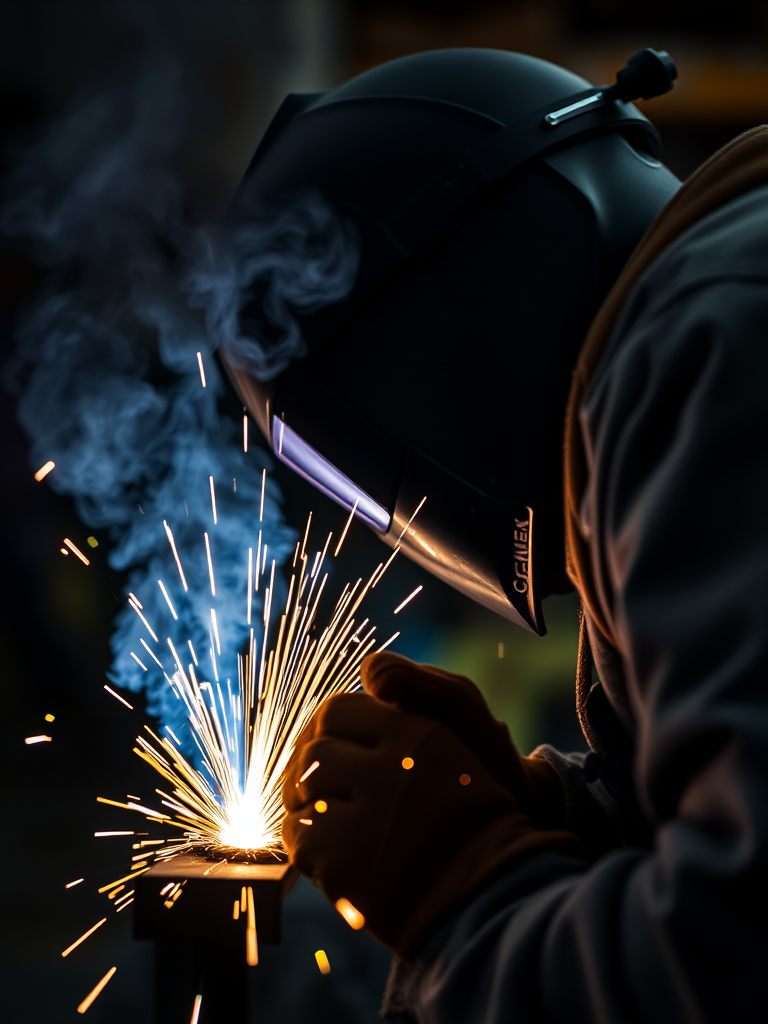 Close-up of a welder working in a dimly lit workshop, sparks flying and ...